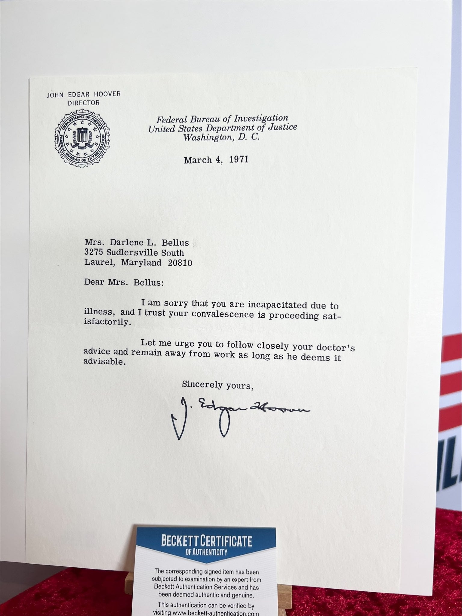 J Edgar Hoover Signed Original 1971 FBI Letter Beckett Authentication ...